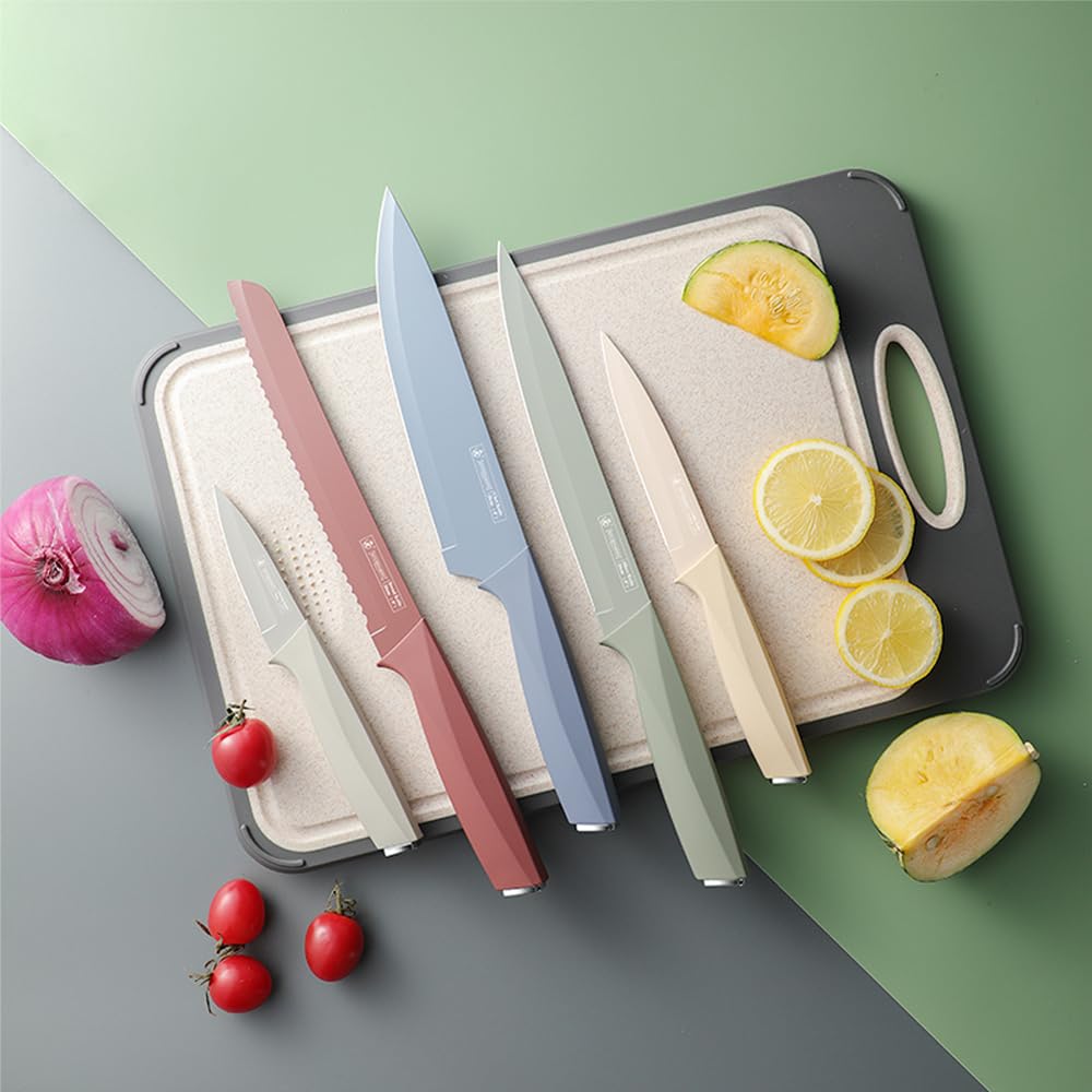 Knife Set, 6 Pcs Color-Coded Kitchen Knife Set with Block, 5 Color Anti-Rust Coating Stainless Steel Chef Knife Set, Super Sharp Kitchen Knives with Stand, Cooking Knives for Kitchen with Gift Box