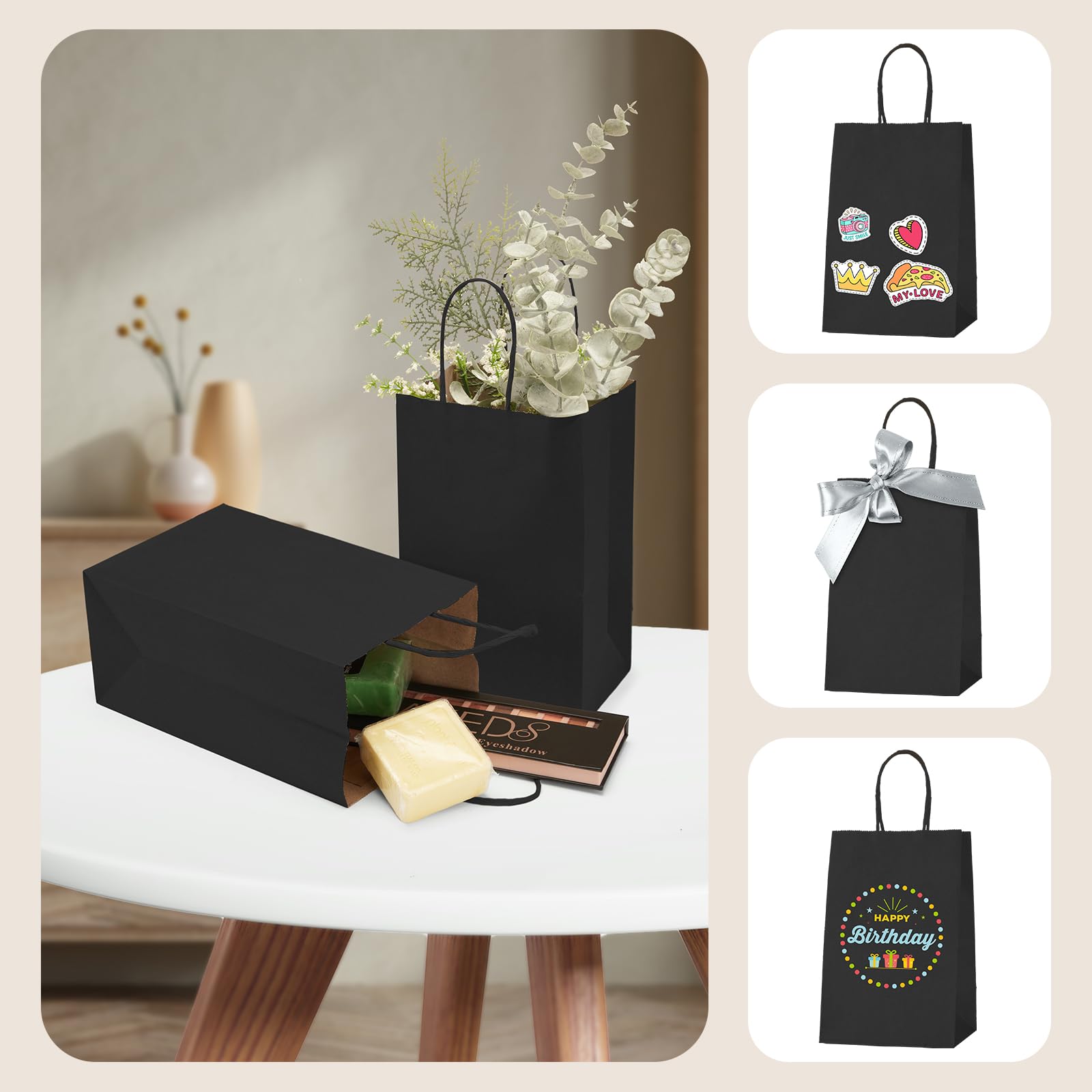 MESHA Gift Bags Black Paper Bags 5.25x3.75x8 Inches 20pcs Small Paper Bags with Handles Bulk,Black Kraft Bags,Grocery Shopping Bags,Wedding Party Favor Bags