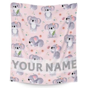 custom koala blanket gifts with name - 40x50 inches cute throw blanket for women & girls - pink soft fuzzy plush blankets for couch, sofa