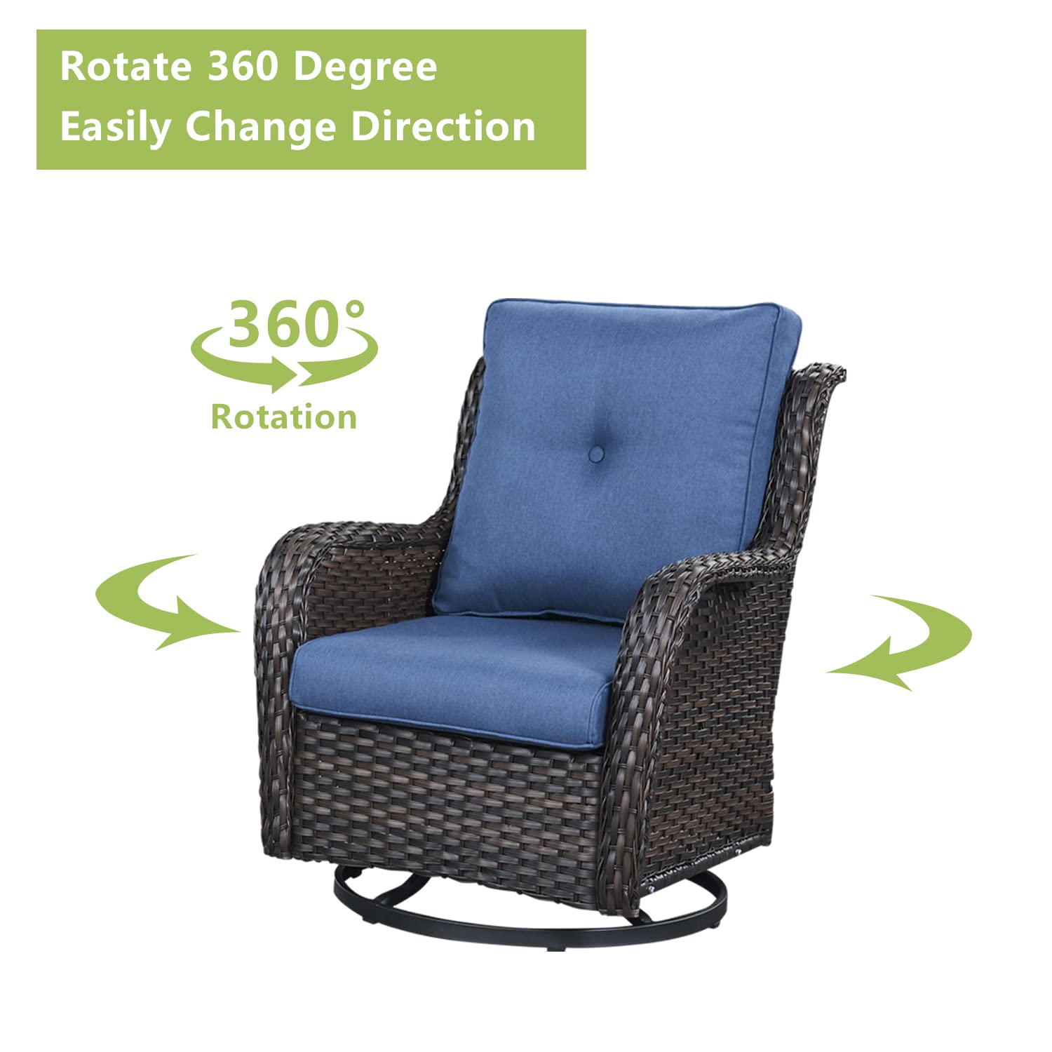 Patio Chairs Rocking Swivel Chair - 2 Piece Wicker Rocker Chairs Set with High Back and Deep Seating for Outdoor Outside Deck Porch Garden(Brown Wicker/Blue Cushion)