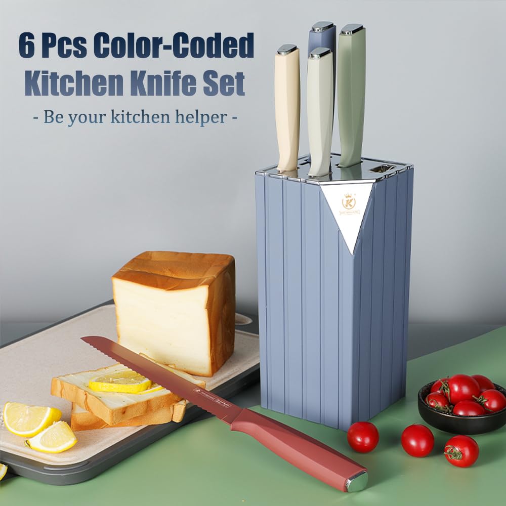 Knife Set, 6 Pcs Color-Coded Kitchen Knife Set with Block, 5 Color Anti-Rust Coating Stainless Steel Chef Knife Set, Super Sharp Kitchen Knives with Stand, Cooking Knives for Kitchen with Gift Box