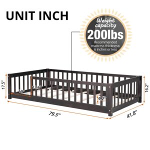 LLS Twin Floor Bed for Children, Durable Montessori Floor Bed with Sturdy Slats and Safety Fence, Solid Wood Floor Bed Frame for Girls Boys and Teens, Espresso (Without Door)