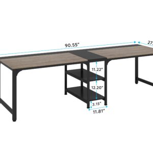 Tribesigns 90.55'' 2 Person Desk with Storage Shelves, Double Computer Desk with Spacious Desktop, Extra Long Study Writing Table Workstation for Home Office (Black & Gray)