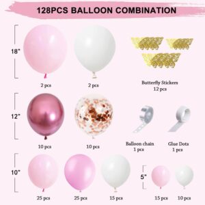 Pink Balloon Garland Metallic Pink White Balloon Arch Kit Butterfly Stickers Rose Gold Confetti Balloons for Bridal Shower Birthday Party Decorations