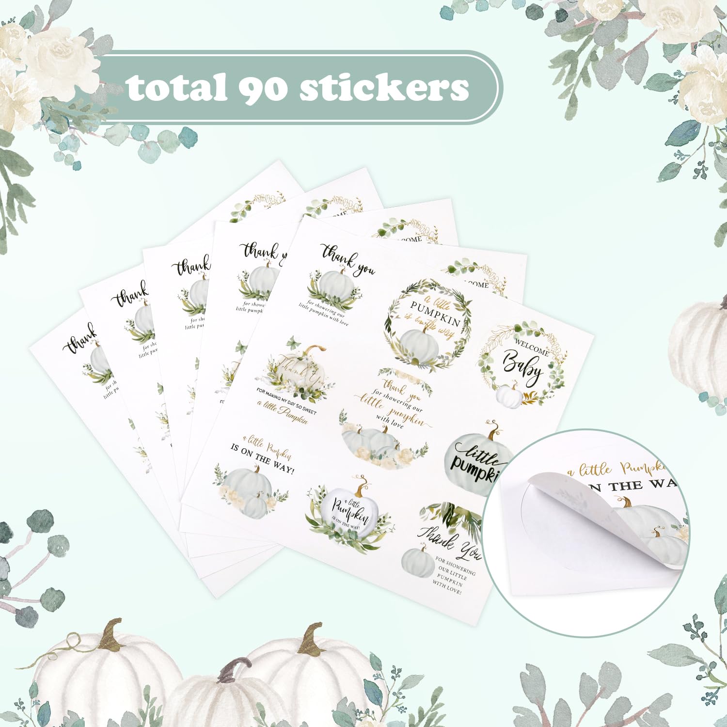 Quera 90 Little Pumpkin Baby Shower Thank You Stickers, Fall Baby Shower Party Favor Stickers,Fall Themed Baby Shower Favor Stickers 2inch（Green）