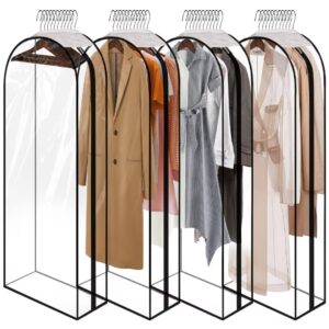 ecomaid 60" clear garment bags for hanging clothes, garment bags for storage with smooth side zipper 10" gusseted waterproof garment bags for shirts, coats, dresses, suits,4 pack