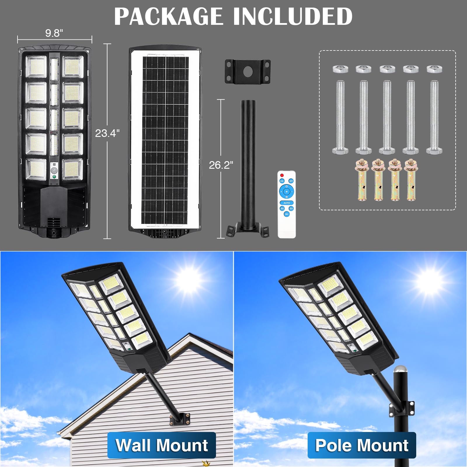 ZJOJO 3800W Solar Street Light Outdoor Waterproof, 30000LM 1160 LEDs Solar Lights for Outside Dusk to Dawn, 9000K LED Parking Lot Light Solar Powered Flood Lights with Motion Sensor for Yard