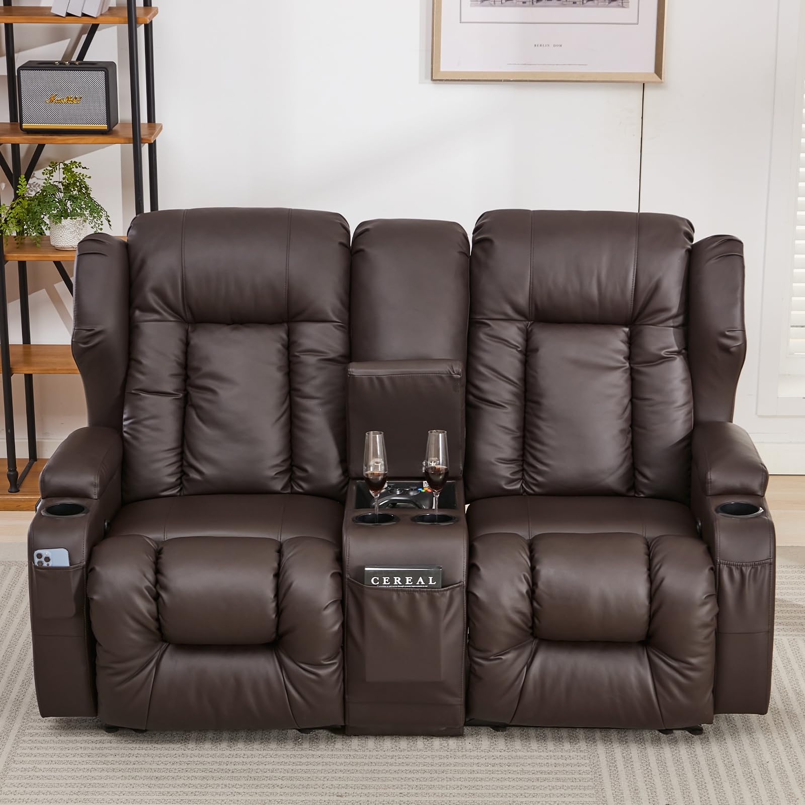 SAMERY 65.5" RV Loveseat Recliner Double Recliner RV Sofa & Console | Wall Hugger Reclining RV | RV Theater Seats | RV Couch | RV Theater Seating | RV Furniture, Home Theater Seating… (Brown)