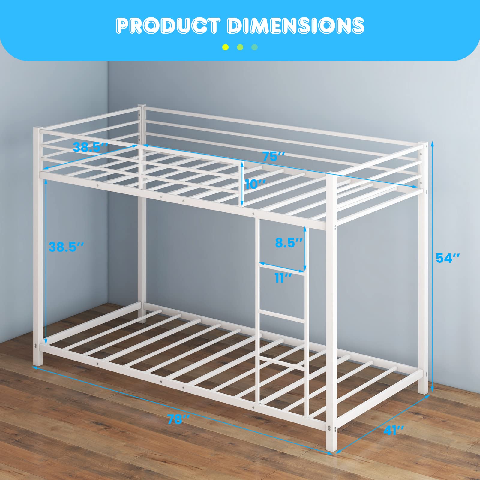 GOFLAME Twin Over Twin Bunk Bed, Metal Frame Loft Bunk Bed with Ladder and Guard Rail, Heavy-Duty Slatted Floor Bunk Bed Frame for Kids, Teens, No Box Spring Needed (White)