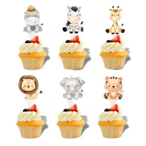 LXASIY 24Pcs Jungle Safari Animal Cupcake Toppers Happy Birthday Cake Decor for Jungle Theme Baby Shower Kids Birthday Party Wild One Cake Decorations Supplies