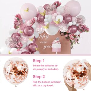 Pink Balloon Garland Metallic Pink White Balloon Arch Kit Butterfly Stickers Rose Gold Confetti Balloons for Bridal Shower Birthday Party Decorations