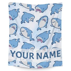 custom shark blanket gifts with name - 30x40 inches cute throw blanket for women & girls - light blue soft fuzzy plush blankets for couch, office