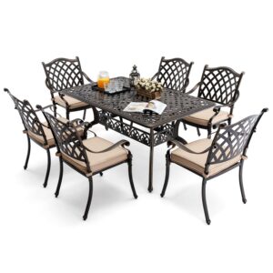 𝐀𝐢𝐥𝐢𝐬𝐦𝐚𝐢𝐥 𝟕 𝐏𝐢𝐞𝐜𝐞 outdoor dining set cast aluminum retro patio dining set for 6 includes 59” rectangular table and 6 chairs with thicker cushion and umbrella hole for patio deck garden