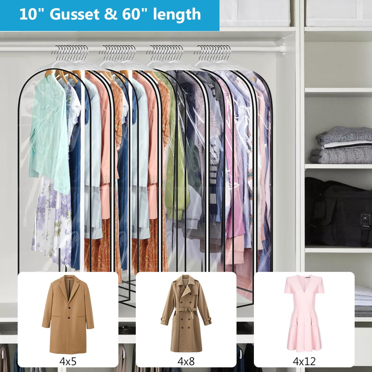 ECOMAID 60" Clear Garment Bags for Hanging Clothes, Garment Bags for Storage with Smooth Side Zipper 10" Gusseted Waterproof Garment Bags for Shirts, Coats, Dresses, Suits,4 Pack