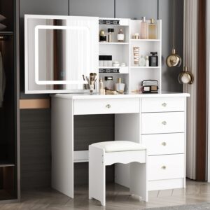 Homsee Vanity Desk Set Makeup Table with Large Sliding Lighted Mirror & Glass Top, Modern Dressing Table with Drawers, Storage Shelves & Stool for Bedroom, White