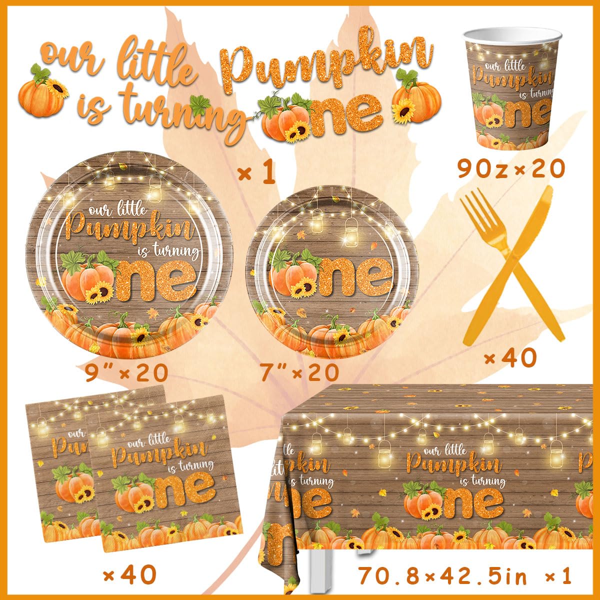 Our Little Pumpkin is Turning One Decorations,142Pcs 1st Birthday Pumpkin Theme Decorations Fall Little Pumpkin First Birthday Theme Party Tableware for Baby Shower Autumn Thanksgiving Supplies