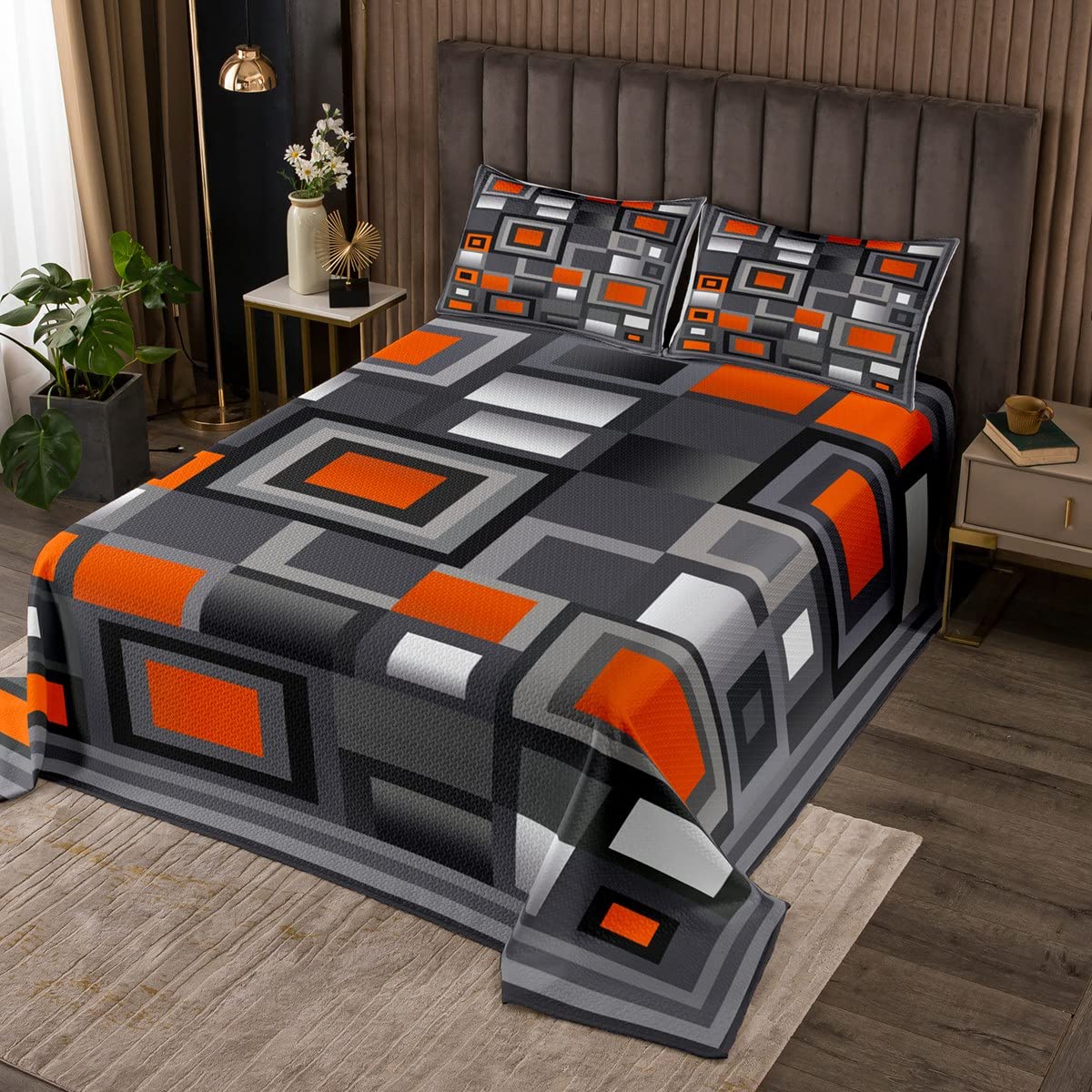 Geometric Grid Bedspread Set Queen Size for Kids,Girls Orange White and Gray Quilt Set Modern Abstract Coverlet Geometric Square Splicing Bedspread 3 Pcs Decorative Bedding Quilted with 2 Pillow Shams