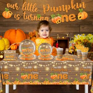 Our Little Pumpkin is Turning One Decorations,142Pcs 1st Birthday Pumpkin Theme Decorations Fall Little Pumpkin First Birthday Theme Party Tableware for Baby Shower Autumn Thanksgiving Supplies