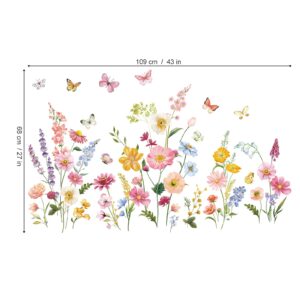 decalmile Flower Wall Decals Daisy Wildflower Grass Butterflies Wall Stickers Girls Bedroom Living Room Home Office Wall Decor