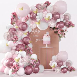 pink balloon garland metallic pink white balloon arch kit butterfly stickers rose gold confetti balloons for bridal shower birthday party decorations