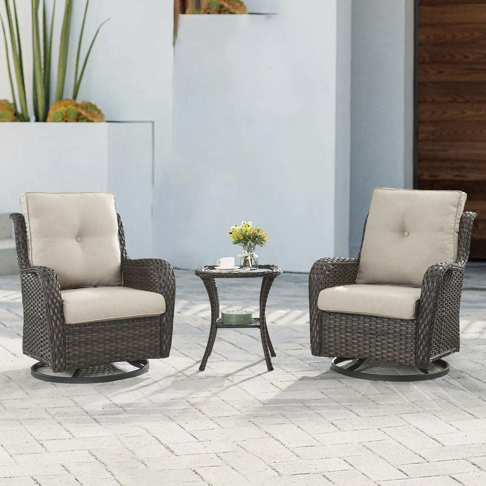 3 Pieces Patio Bistro Set - Outdoor Wicker Rocking Swivel Chairs Set with 2 Swivel Chairs and 1 Glass Top Side Table for Outside Deck Porch Garden(Brown Wicker/Beige Cushion)