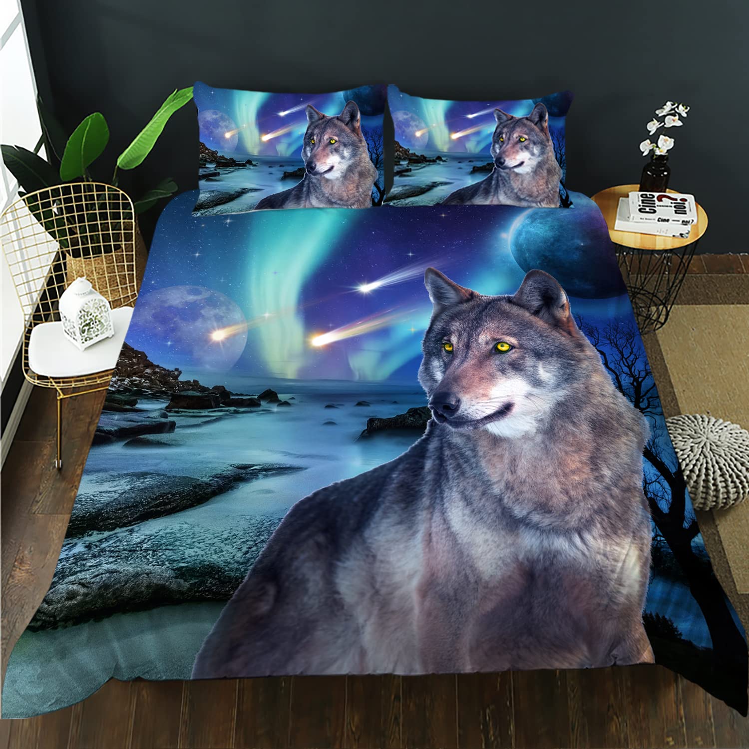 AILONEN Wolf Duvet Cover 3 Piece Set Twin Size, Blue Starry Night Moon Aurora Borealis Meteorite Bedding Set- Outdoor Wolf Wild Animals Theme Quilt Cover and 2 Pillowcases