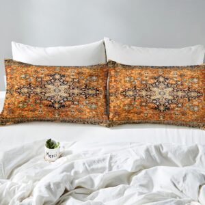 Ethnic Pattern Duvet Cover Queen, Orange Boho Bedding Set, Southwest Farmhouse Bohemian Floral Abstract Comforter Cover, Brown Geometric Exotic Tribal Flower Quilt Cover