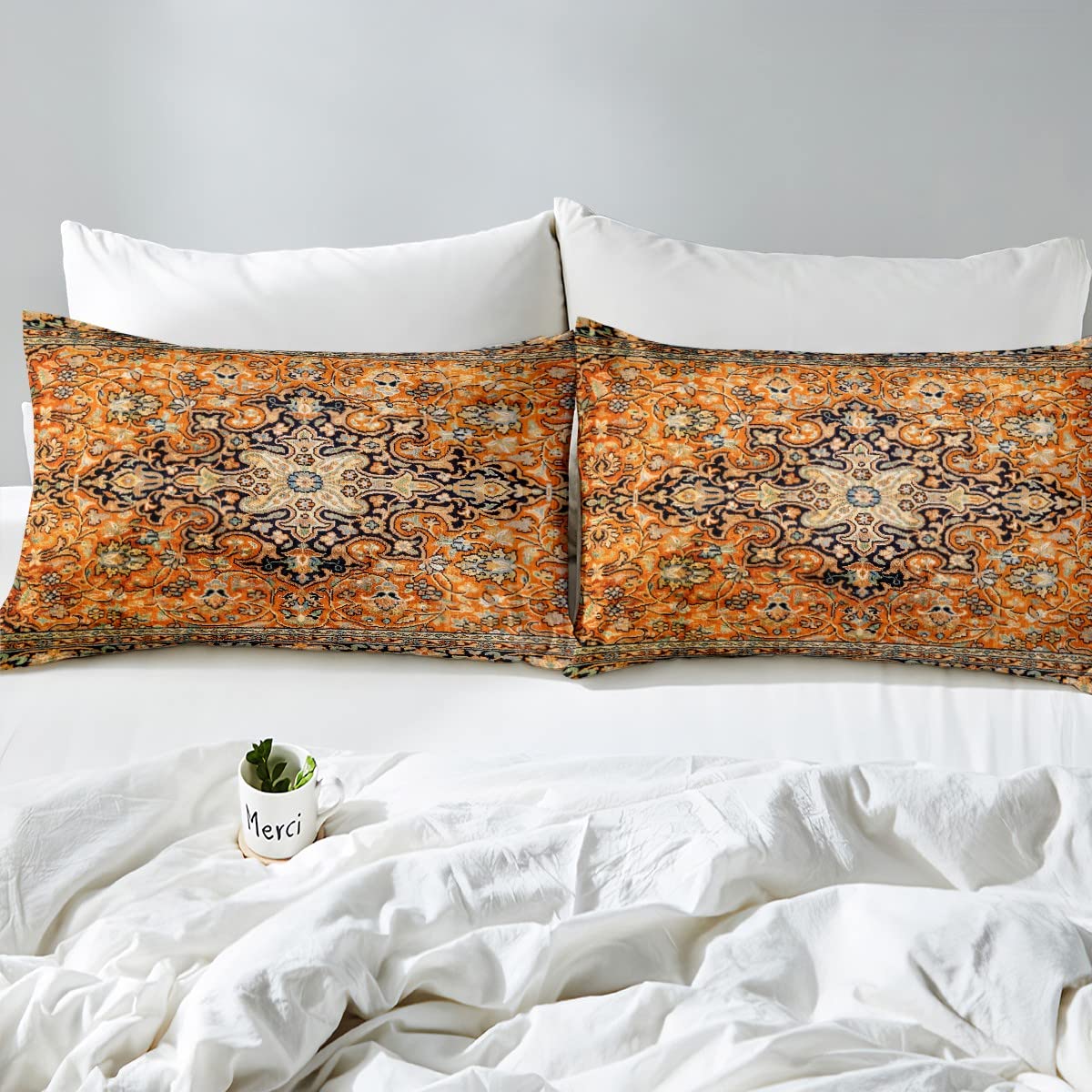 Ethnic Pattern Duvet Cover Queen, Orange Boho Bedding Set, Southwest Farmhouse Bohemian Floral Abstract Comforter Cover, Brown Geometric Exotic Tribal Flower Quilt Cover