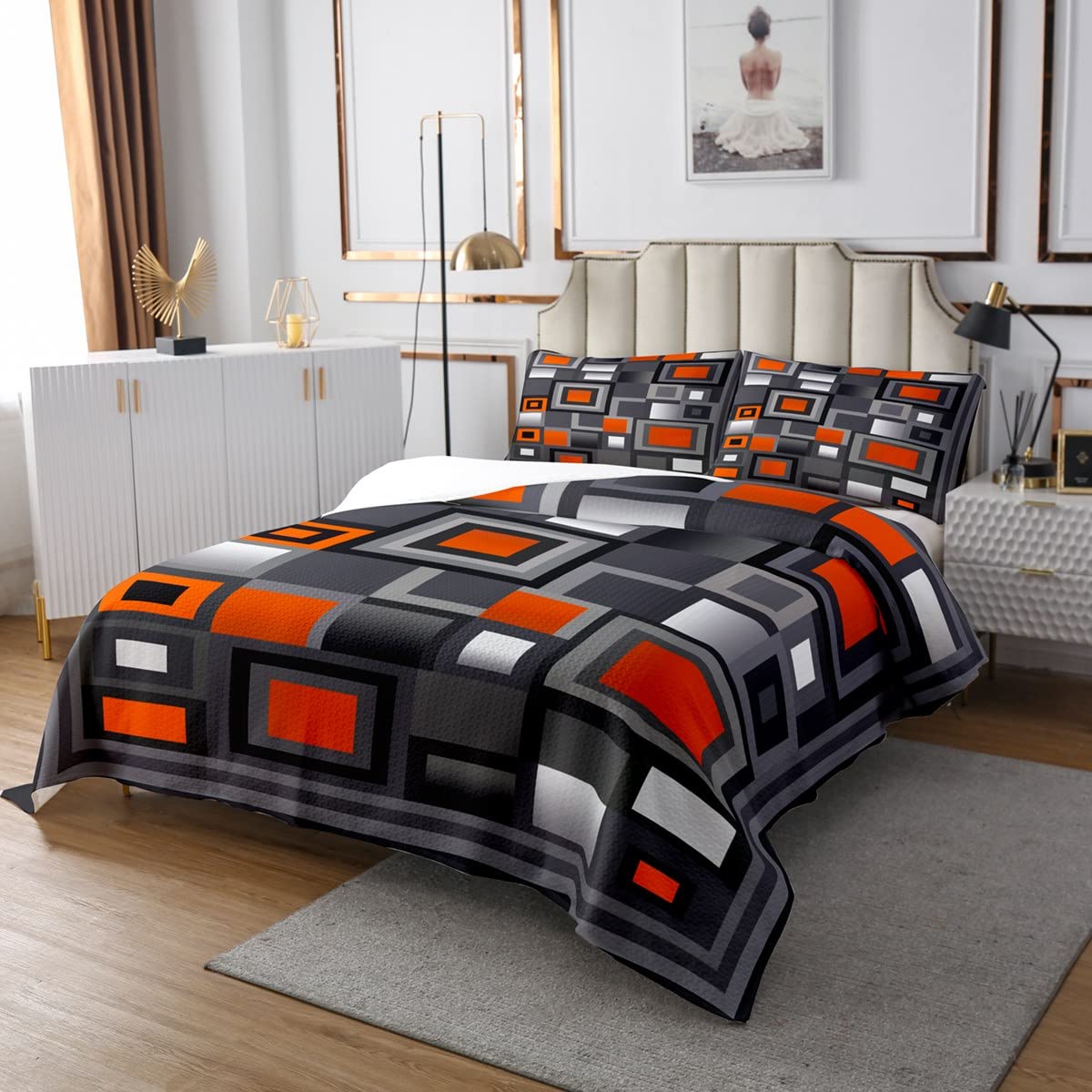 Geometric Grid Bedspread Set Queen Size for Kids,Girls Orange White and Gray Quilt Set Modern Abstract Coverlet Geometric Square Splicing Bedspread 3 Pcs Decorative Bedding Quilted with 2 Pillow Shams