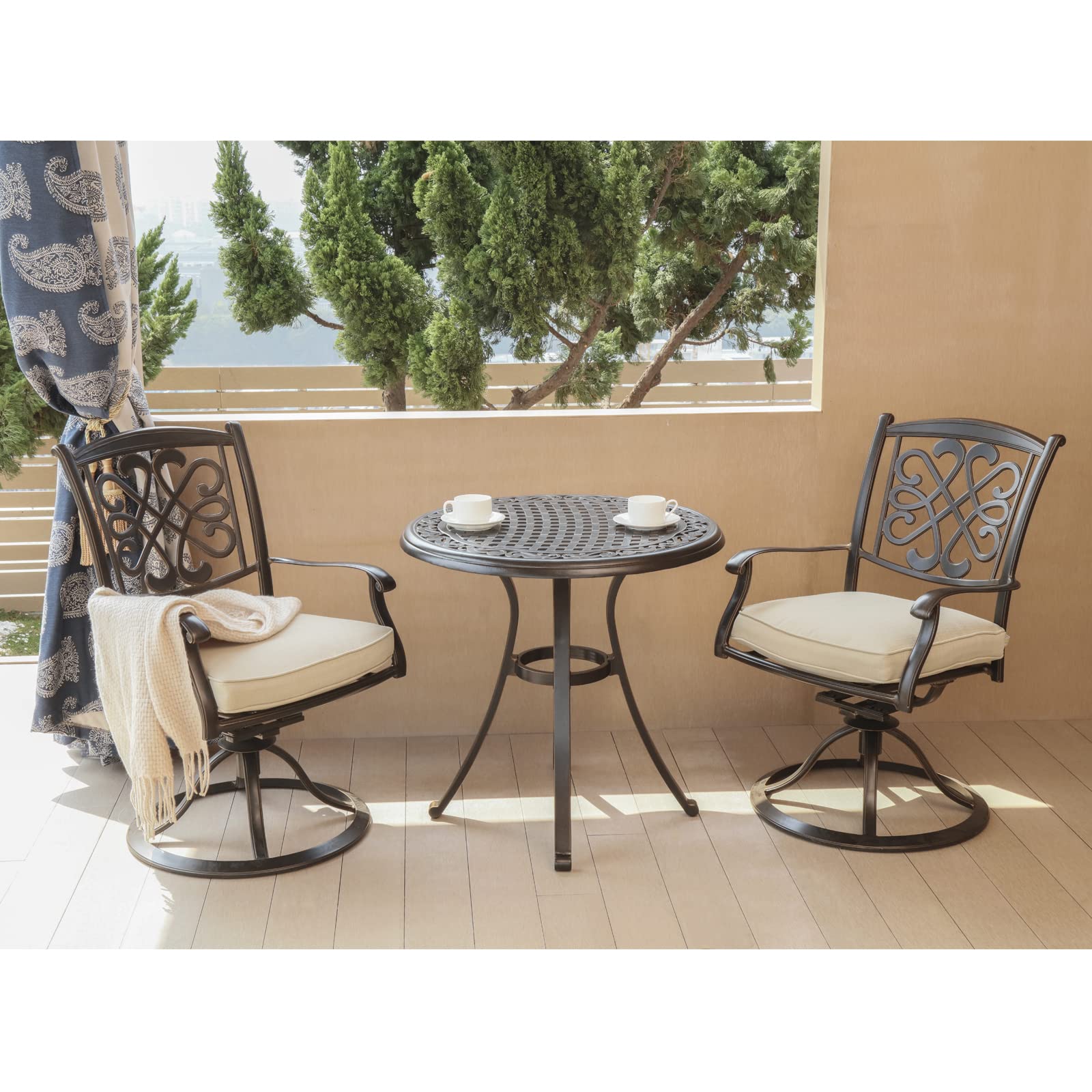 CASUAL WORLD Aluminum Patio Swivel Dining Chairs Set of 2, All-Weather Outdoor Gentle Rocker Chairs Bistro Chairs with 4 Seat Cushions for Garden Backyard Poolside, Beige & Light Blue