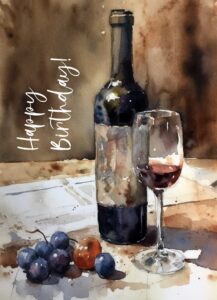 pixiluv happy birthday greeting card ~ gorgeous wine glass and bottle watercolour ~ birthday wishes greetings vintage large card