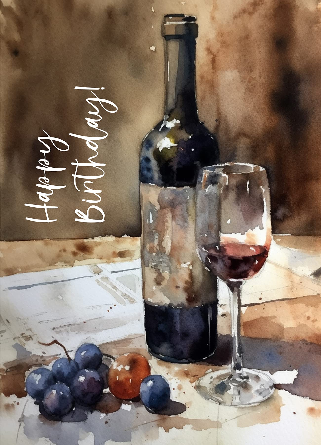 PIXILUV HAPPY BIRTHDAY Greeting card ~ Gorgeous Wine Glass and Bottle Watercolour ~ Birthday Wishes Greetings Vintage Large Card