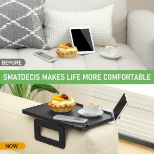 Smatdecis Couch Arm Tray Table Sofa Arm Clip Table,Armrest Tray Table Suitable for Home Drinks/Fast Food/Fruit Etc, Large Size Multi-Function Table Couch Arm Table Black(Dual Phone/Tablet Stand)