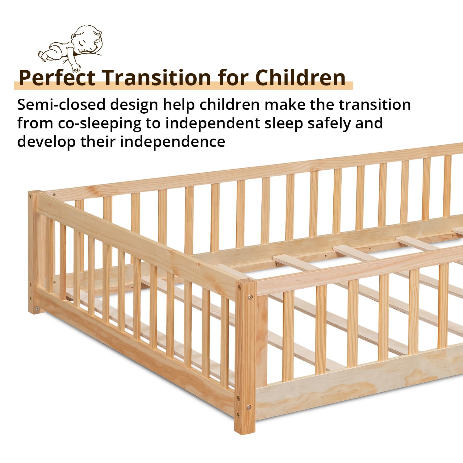 LLS Twin Floor Bed for Children, Durable Montessori Floor Bed with Sturdy Slats and Safety Fence, Solid Wood Floor Bed Frame for Girls Boys and Teens, Natural (Without Door)