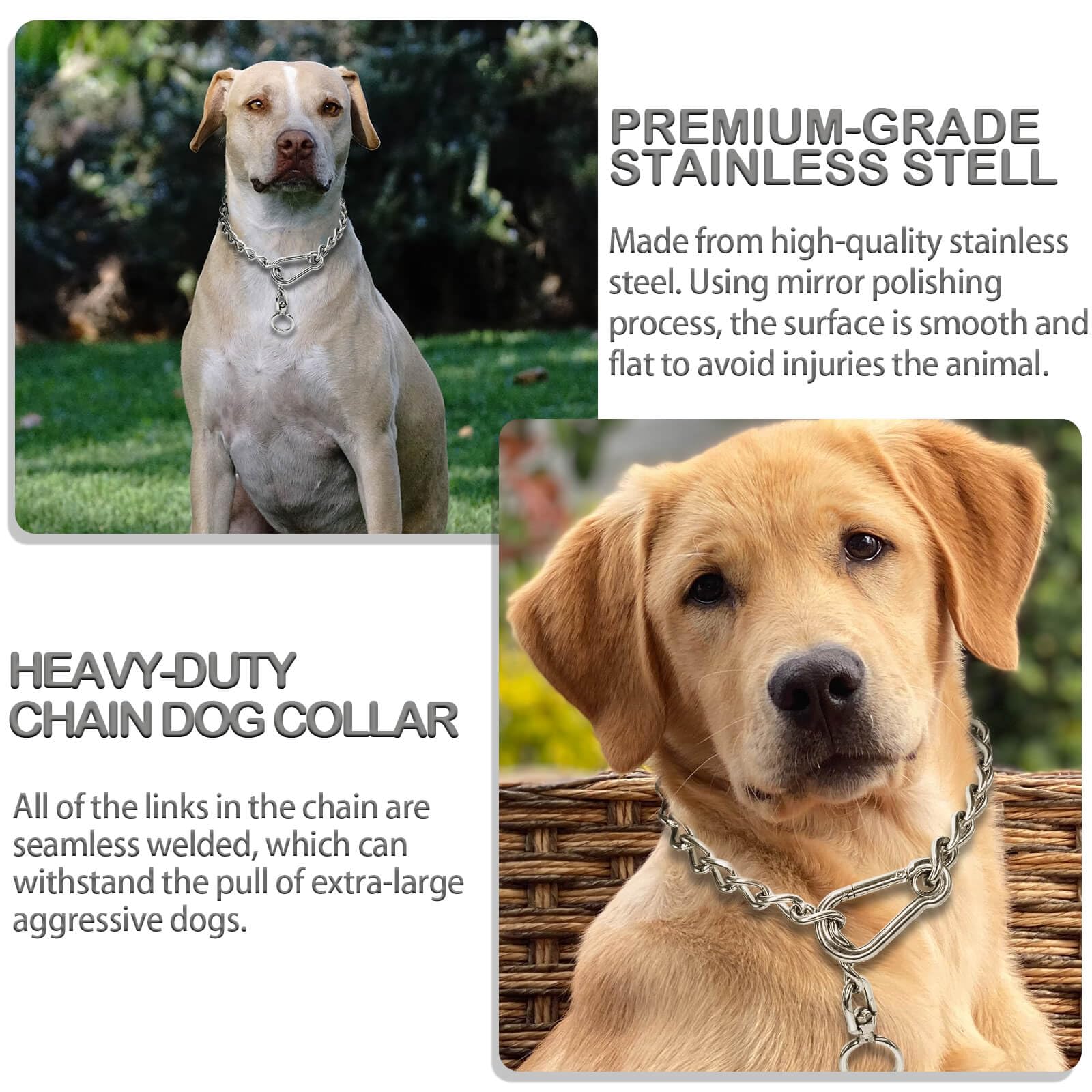 Dog Chain Collars 304 Stainless Steel Metal Chew Proof Dog Necklace Anti Winding Dog Leash Extension Lead for Small Medium Large Dogs Training and Walking. (Small：18in x 2.5mm(Neck max 16in))