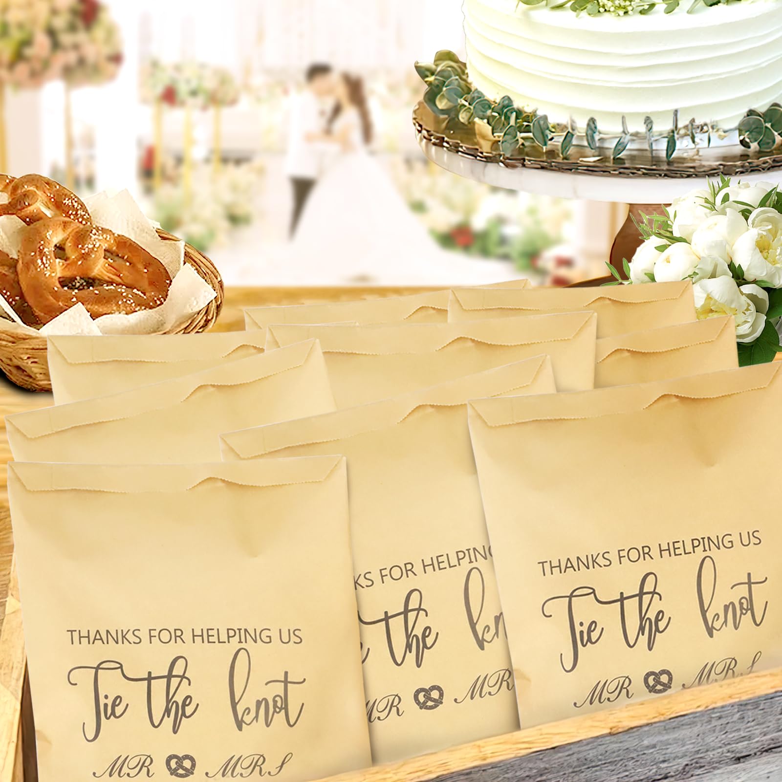 48Pcs Thanks for Helping Us Tie the Knot Pretzel Wedding Favor Bags,Tie the Knot Pretzel Favor Goody Snack Treat Grease Resistant Bags for Engagement Wedding Bridal Shower Party Decorations Supplies