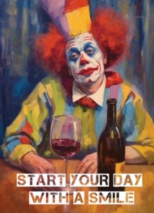 pixiluv de-motivation greeting card ~ upset brightly dressed clown drinking a bottle of wine by himself ~ funny cartoon greeting card for birthday and any occasion