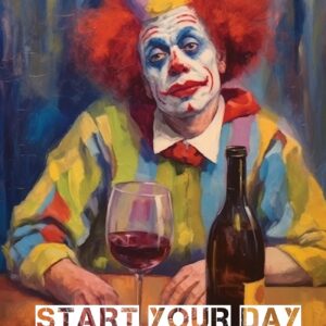 PIXILUV DE-MOTIVATION Greeting card ~ Upset Brightly Dressed Clown Drinking a Bottle of Wine by Himself ~ Funny Cartoon Greeting Card for Birthday and Any Occasion