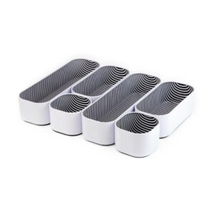 three by three seattle 6 piece metal organizer tray set for storing makeup, stationery, utensils, and more in office desk, kitchen and bathroom drawers (2 inch, stripes and white)