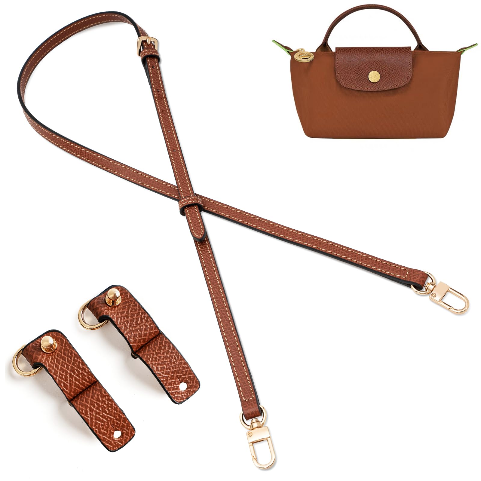 KOMHPS Purse Straps Replacement, Leather Handbag Crossbody Shoulder Strap Adjustable for Longchamp Bag Women(Brown Gold)