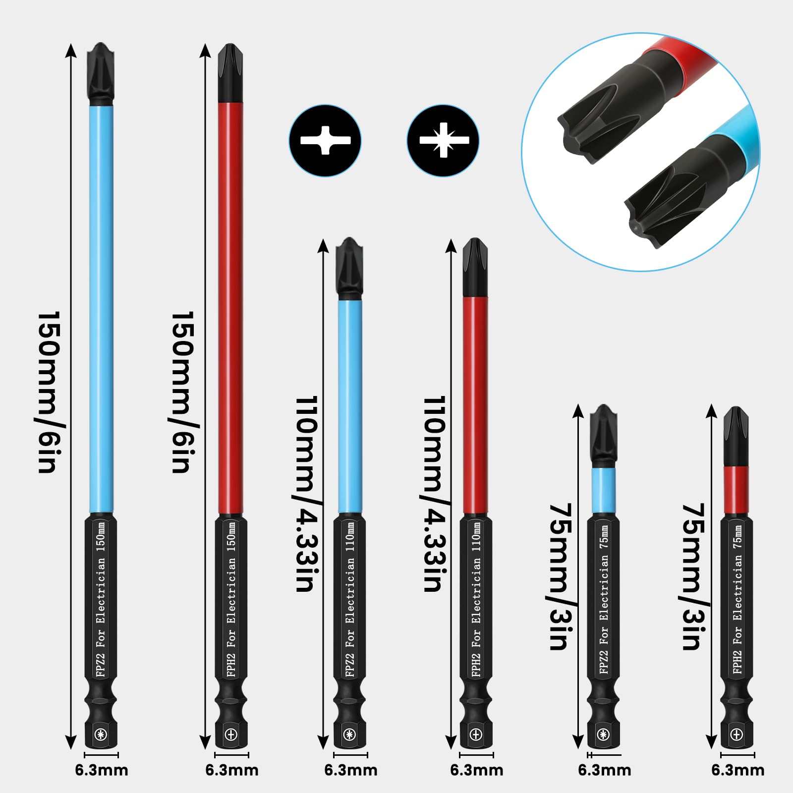 Phillips Pozidriv Slotted Bits for Electricians LATTOOK 6PCS Cross and Slotted Screwdriver Bits for Electricians, FPZ2 FPH2#2 Phillips Pozidriv Bit, Magnetic S2 Steel Electrician Screwdriver Bits