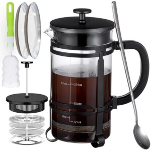 french press coffee tea maker（21oz）,304 stainless steel coffee press with 4 filters screen-100% no residue -german heat-resistant borosilicate glass- bpa free -dishwasherable，black