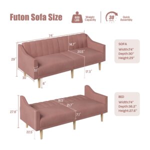 Lonkwa Velvet Futon Sofa Bed Couch, Convertible Sleeper Sofa, 74" Loveseat Futon Couch with Adjustable Backrests, Pink Couches for Living Room Bedroom Apartment