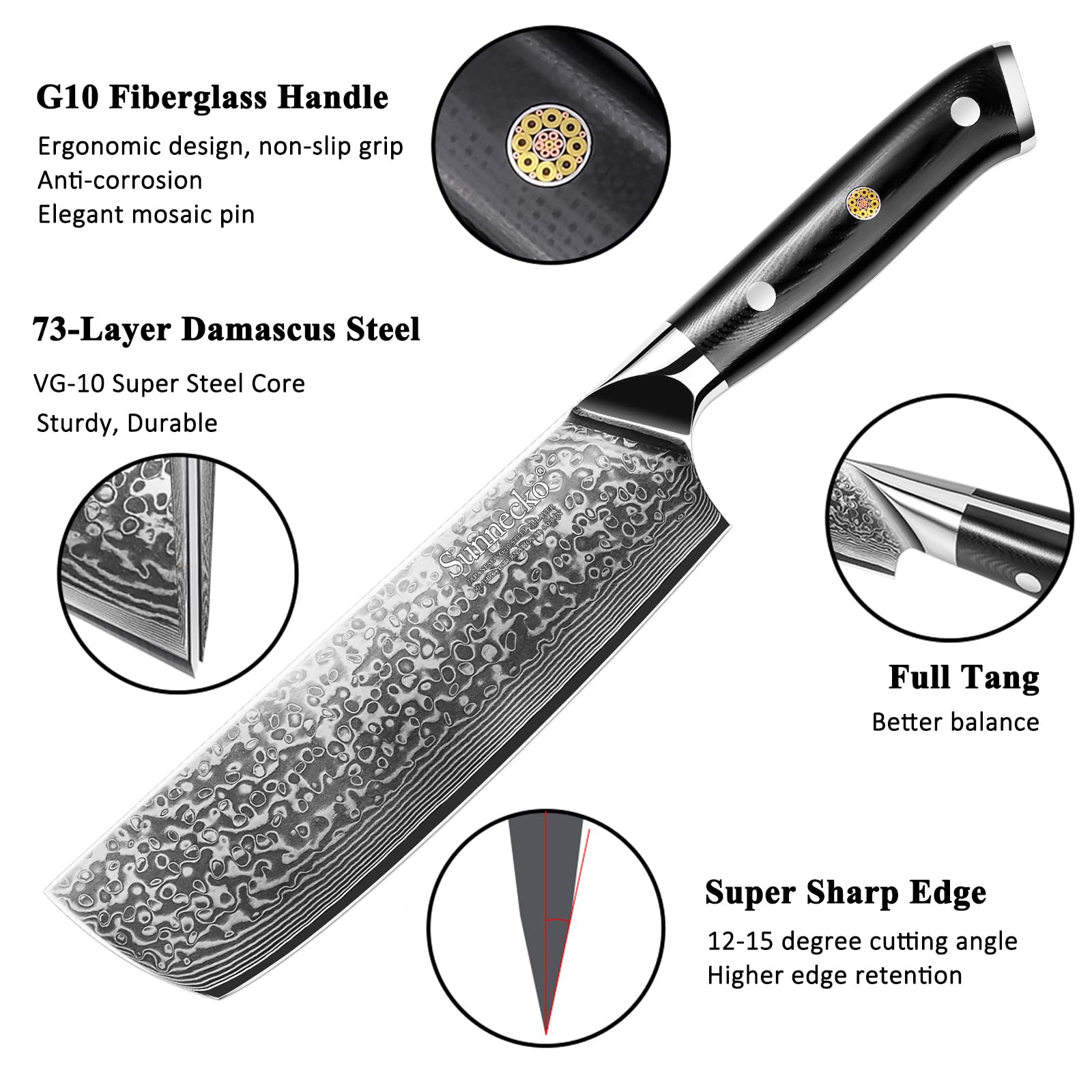 Sunnecko Damascus Kitchen Knife Japanese Nakiri Knife 7 Inch Cooking Knife Vg-10 High Carbon Stainless Steel with G10 Handle