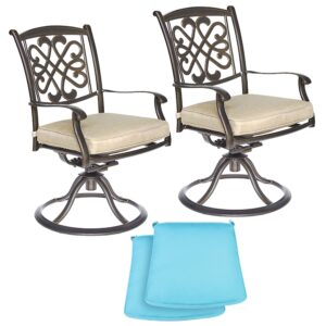 casual world aluminum patio swivel dining chairs set of 2, all-weather outdoor gentle rocker chairs bistro chairs with 4 seat cushions for garden backyard poolside, beige & light blue