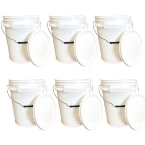 5 Gallon Bucket with Lid - Commercial Grade, Food Safe, BPA Free Pail 6 PCS Pack (White, 6 with lid) Great for All Purpose Usage. Great Value in Bulk.