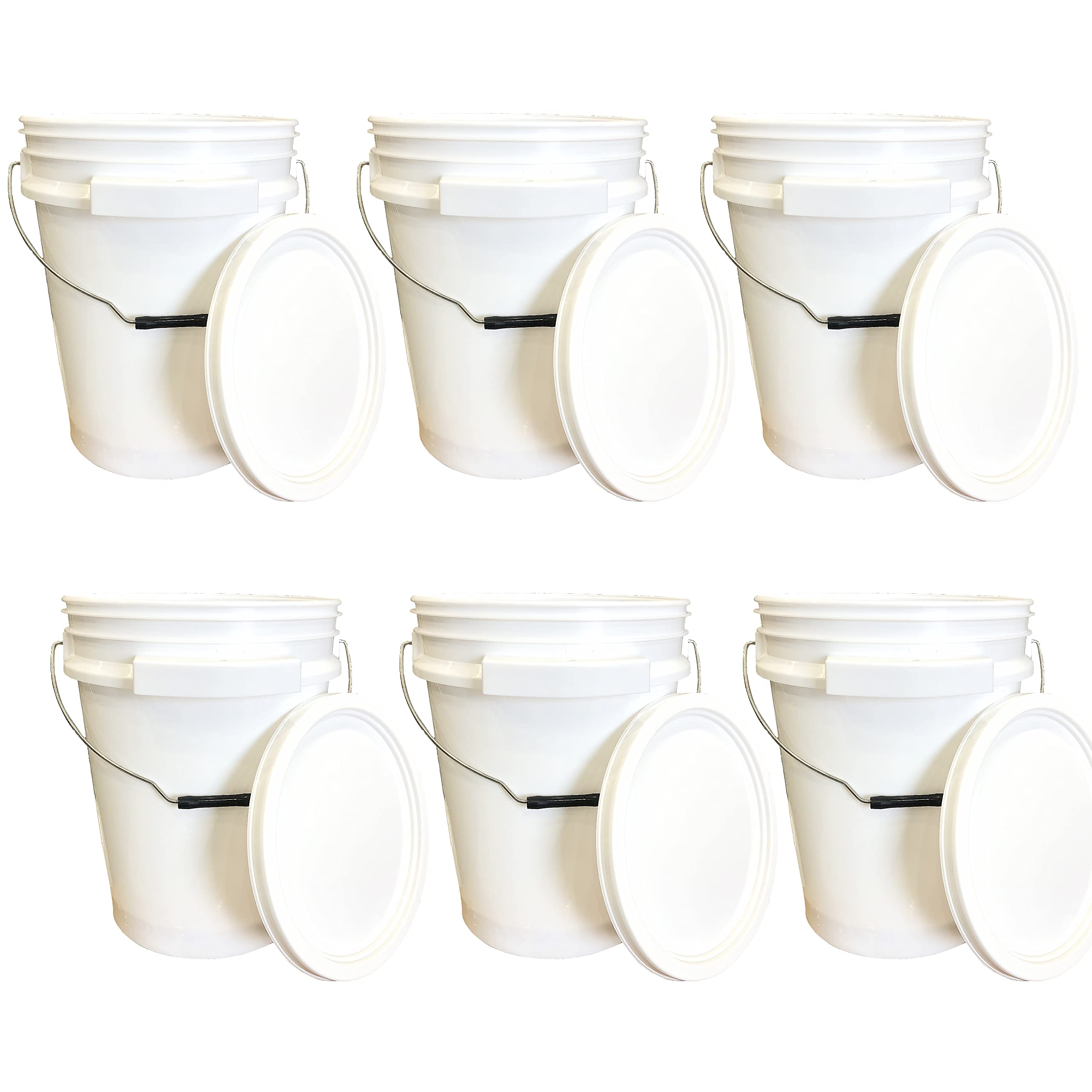 5 Gallon Bucket with Lid - Commercial Grade, Food Safe, BPA Free Pail 6 PCS Pack (White, 6 with lid) Great for All Purpose Usage. Great Value in Bulk.