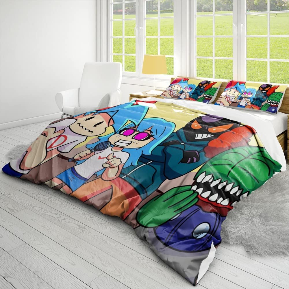 NICHIYOBI Friday Funkin Game FNF Duvet Cover Set 3D Bedding Comforter Cover 3 Pcs (1 Duvet Cover+2 Pillowcases) Bedding Set (01,Queen-90x90in+20x30in*2)