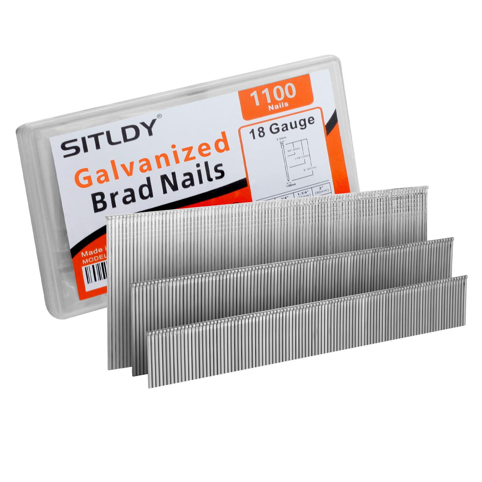 SITLDY 18 Gauge Galvanized Brad Nails 1100-Pack (3/4"-400, 1-1/4"-400, 2"-300 Pcs), Assorted Size Project Pack, for Pneumatic, Electric Brad Nailers