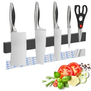 16 inch magnetic knife strip for wall stainless steel magnetic knife bar rack magnet kitchen knife holder utensil tools organizer self-adhesive drilling dual-use wall hanging knife protection-black